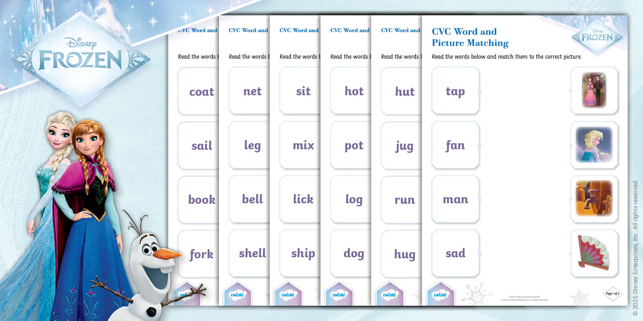 Frozen: CVC Word and Picture Matching Worksheets