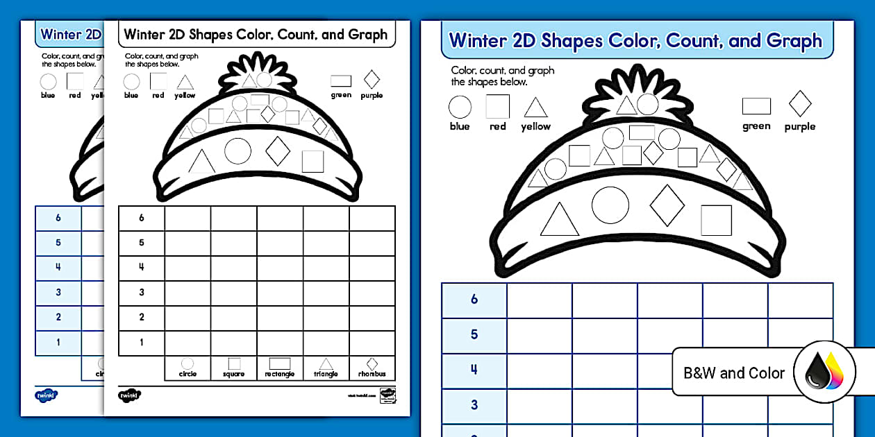 Winter 2D Shapes Color, Count, and Graph Worksheet - Twinkl