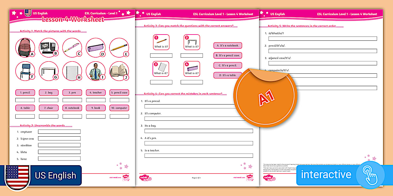ESL Curriculum (US-English) Level 1, Lesson 4 Interactive Worksheet