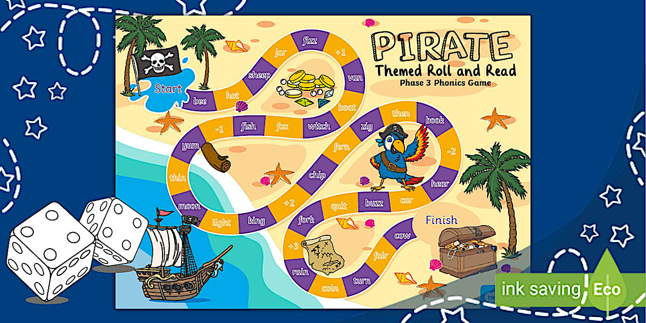 Pirate-Themed Roll and Read: Phase 3 Phonics Game - Twinkl