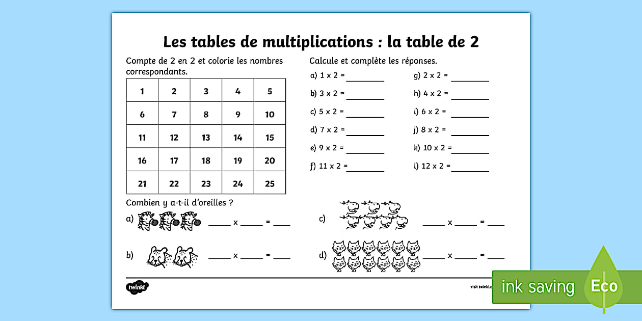 Fiche de calcul : la table de 2 les multiplications Feuille d'activités