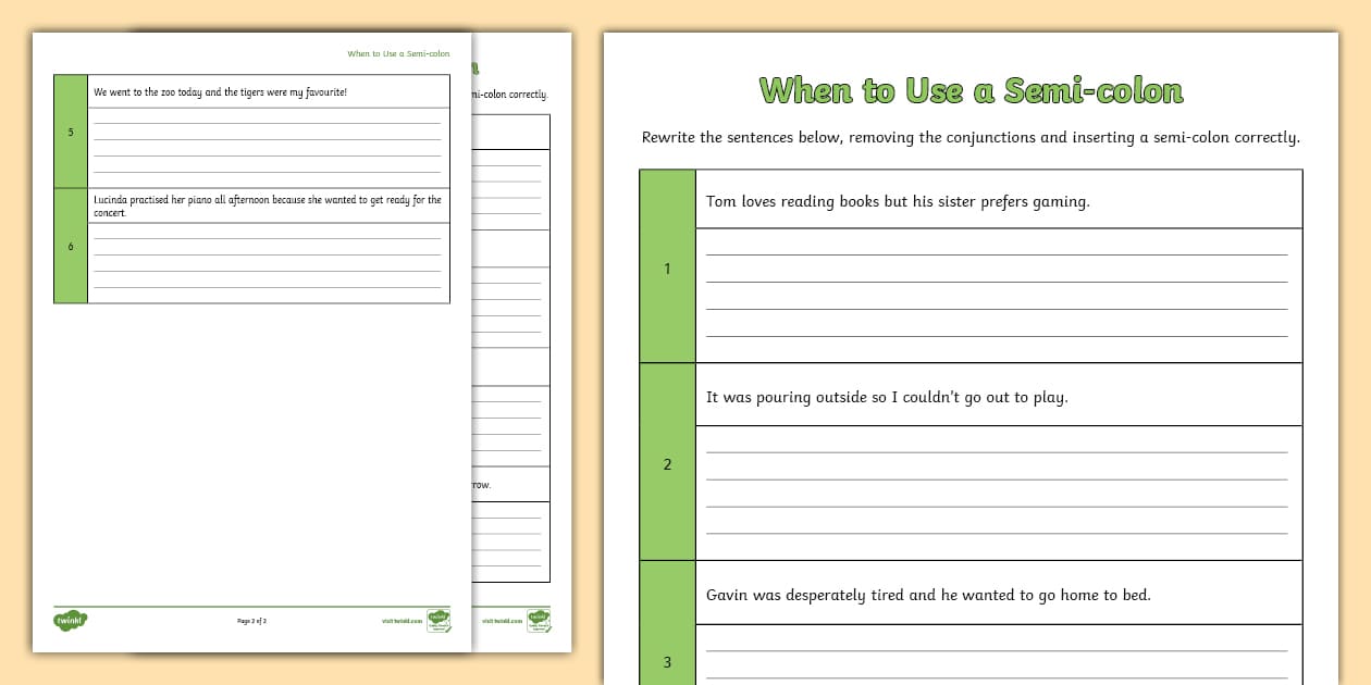 When to Use a Semi-colon Activity Sheet - Twinkl