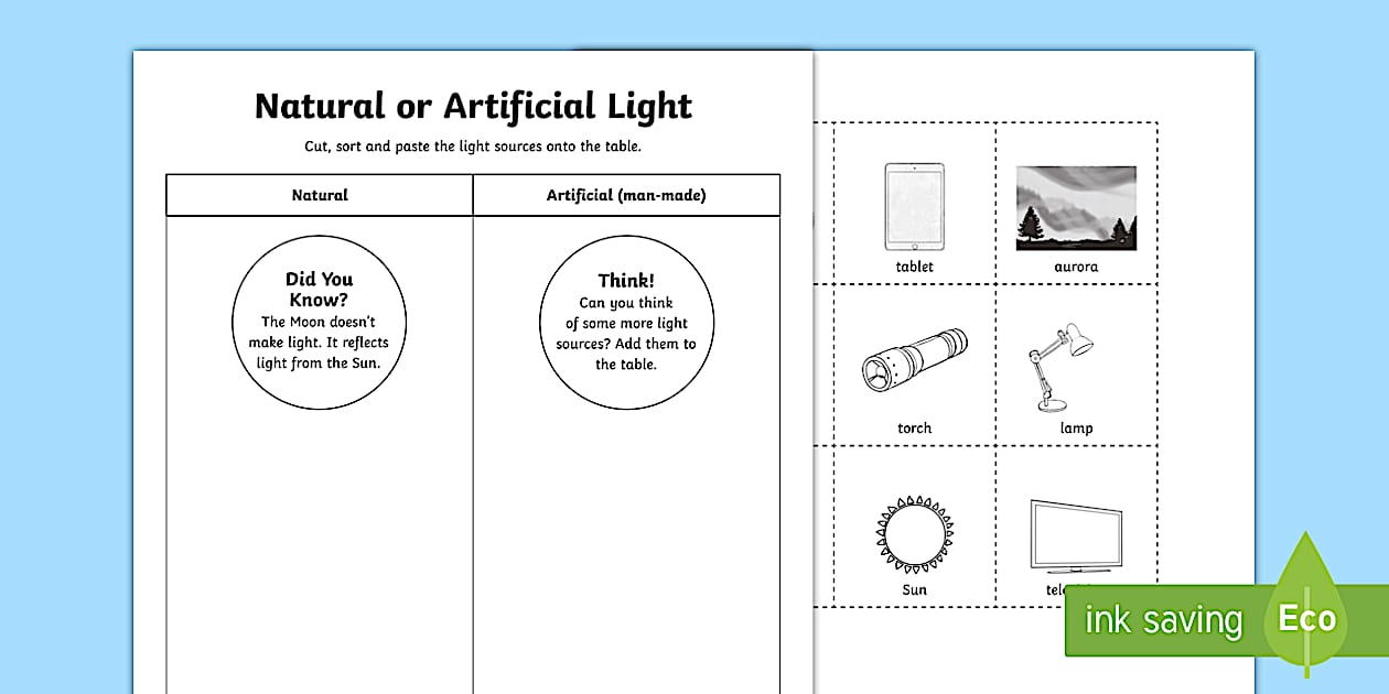 Natural or Artificial Light Worksheet / Worksheet - Twinkl