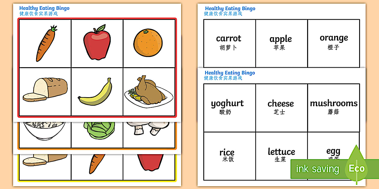 Healthy Eating Food Bingo English/Mandarin Chinese - Healthy Eating ...