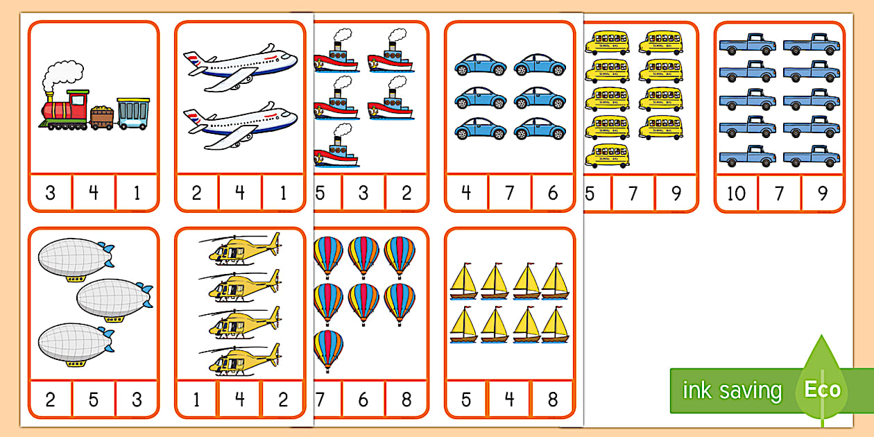 Transportation Counting to 10 Clip Cards (Teacher-Made)