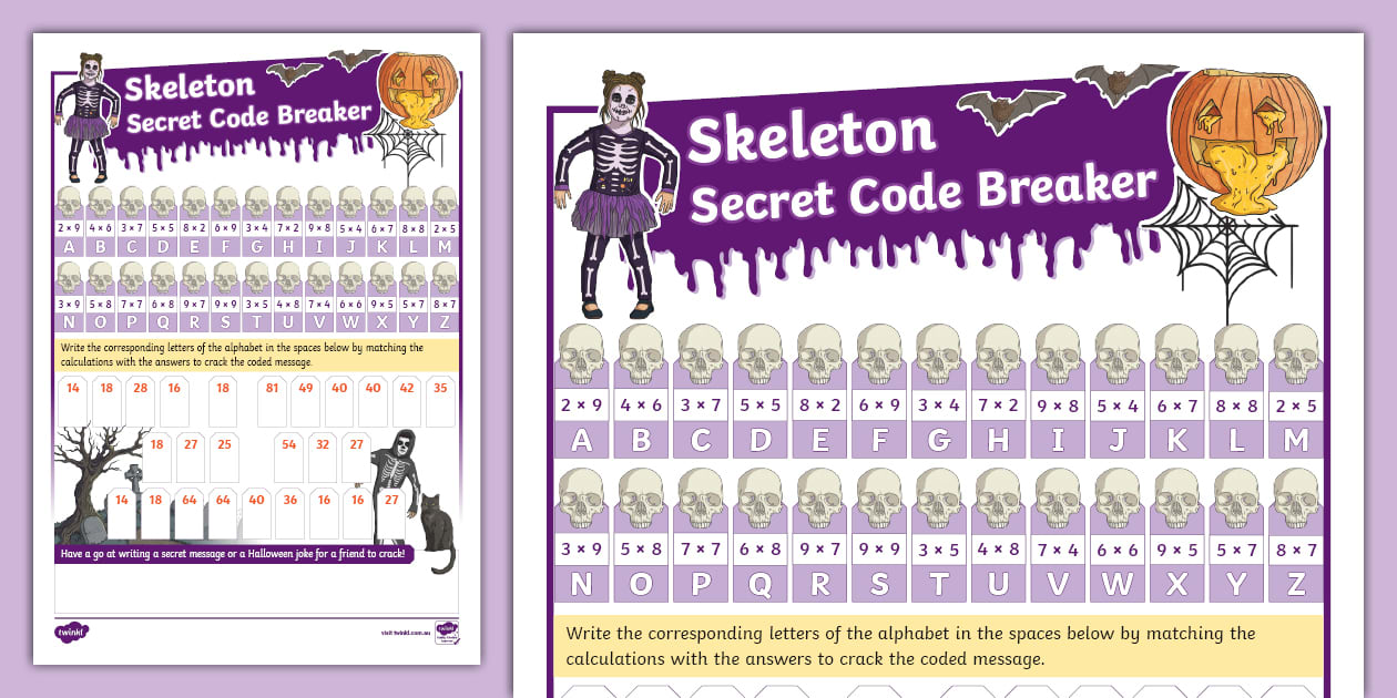 Skeleton Secret Code Breaker Multiplication Worksheets