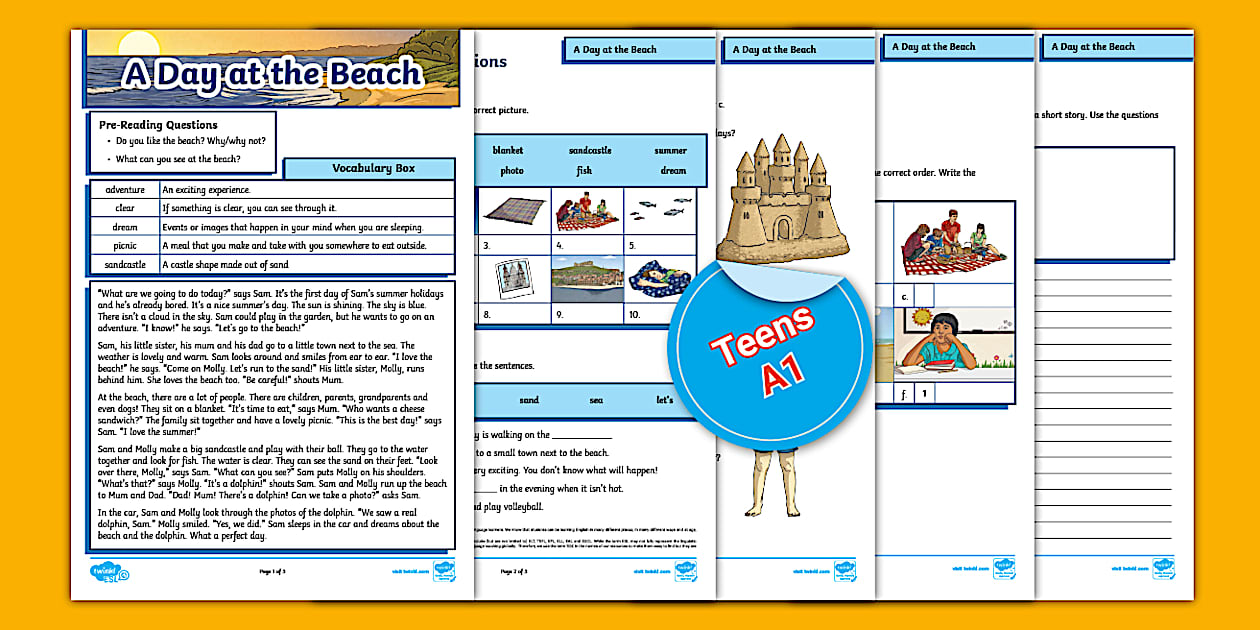 A Day at the Beach A1 Reading Comprehension for ESL Teens!