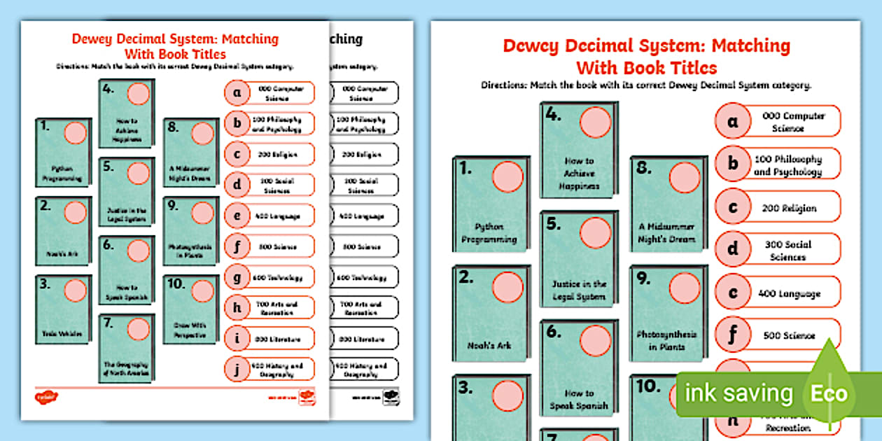Dewey Decimal System Challenge: Matching Worksheet with Book Titles for