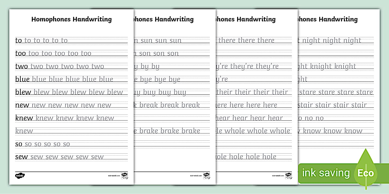 Homophones Handwriting Practice, Common Homophones - Twinkl