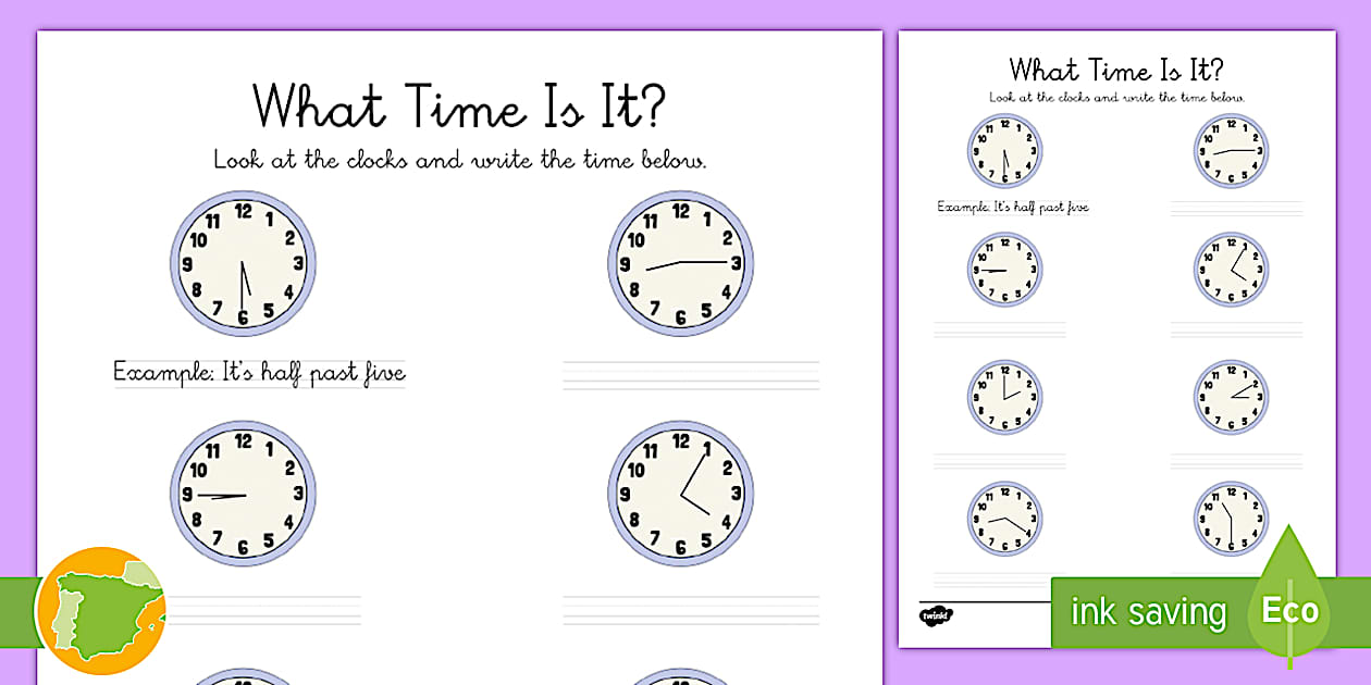 A1 Ficha de actividad: Escribir la hora - Inglés - Twinkl
