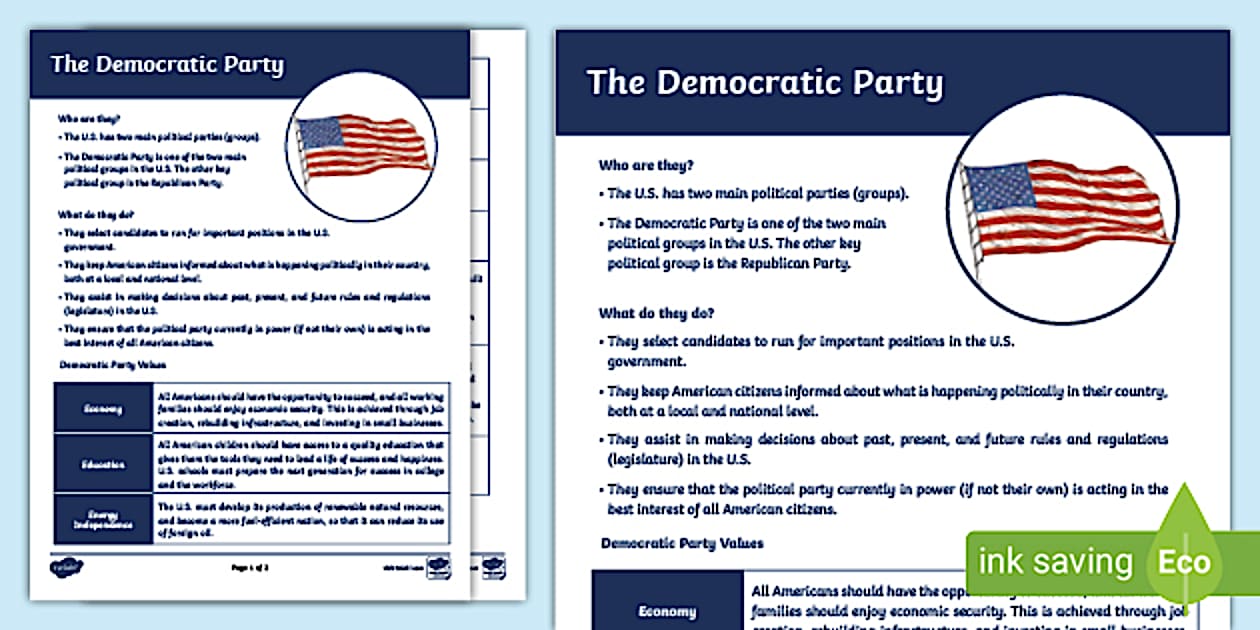 Democratic Party Values Information Sheet for 3rd-5th Grade