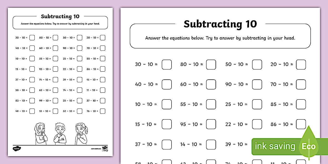 👉 Subtracting 10 Activity Sheet, Subtracting 10 - Twinkl