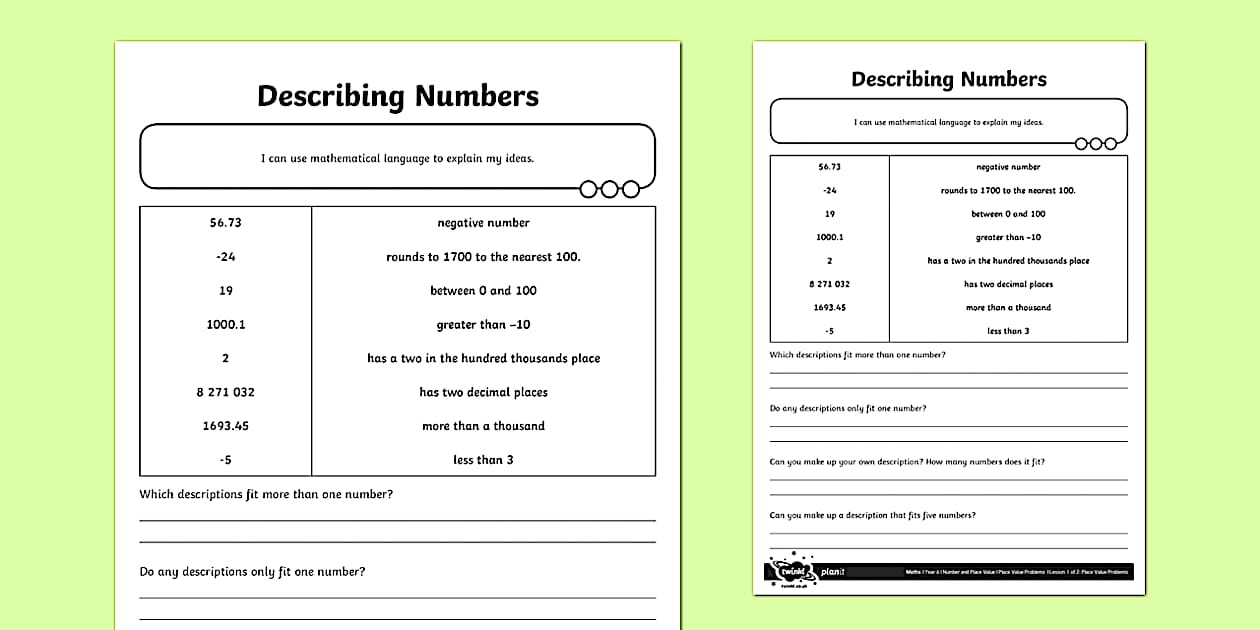 Describing Numbers Worksheet / Worksheet (teacher made)