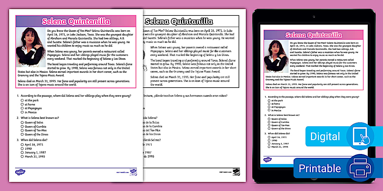 Fourth Grade Selena Quintanilla Reading Passage Comp Activity Worksheet