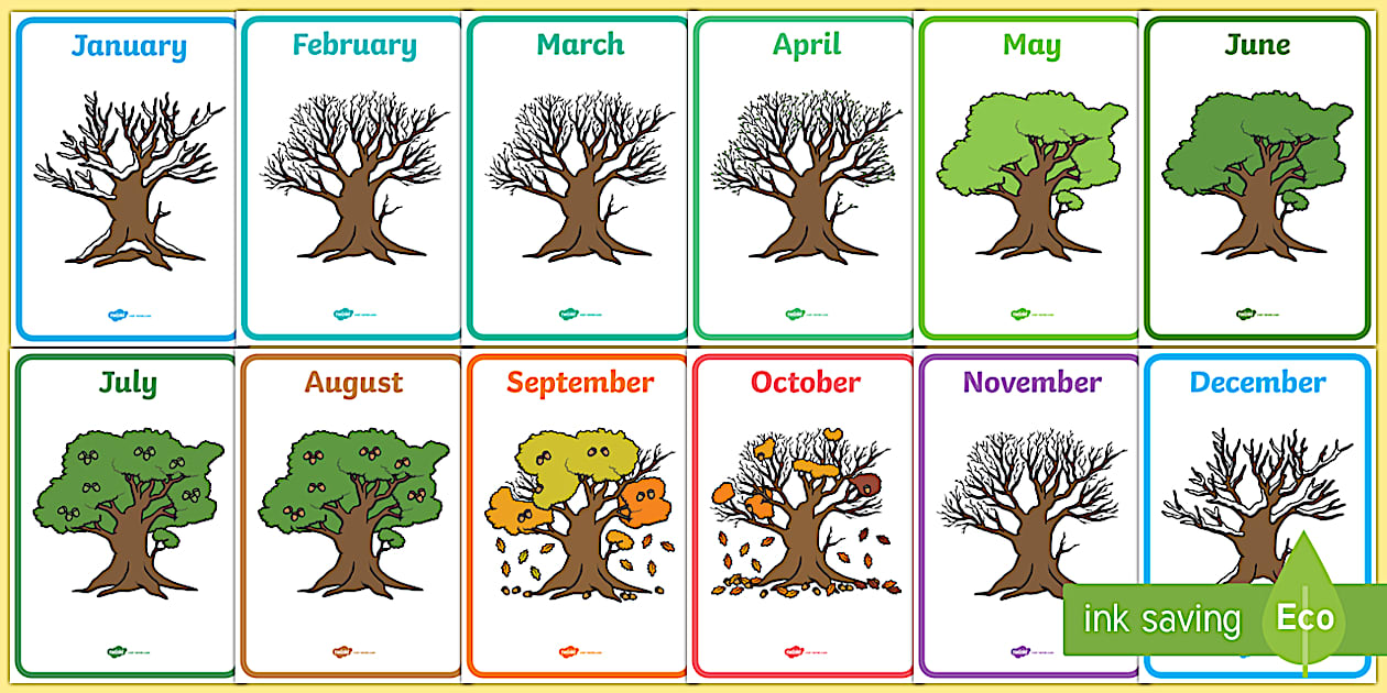 Cursive Months of the Year on Oak Trees Display Posters