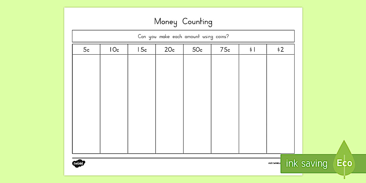 Money Counting and Sorting Worksheet / Worksheet - Twinkl