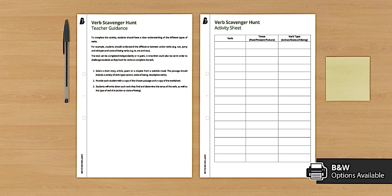 Verb Scavenger Hunt Worksheet