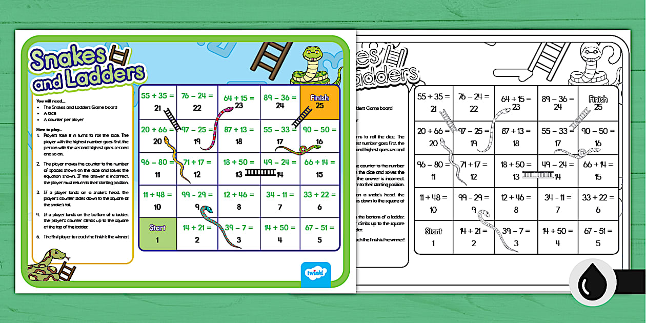 Snakes and Ladders Addition/Subtraction Within 100 BoardGame
