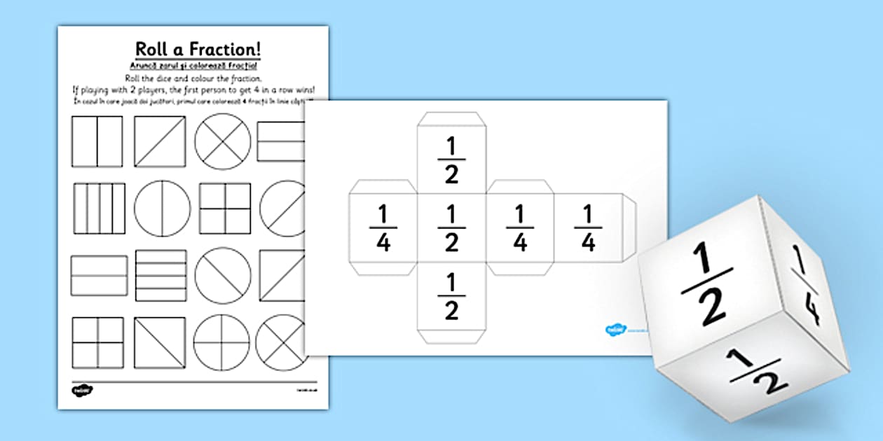 Higher Ability Year 1 Roll a Fraction Worksheet Romanian Translation