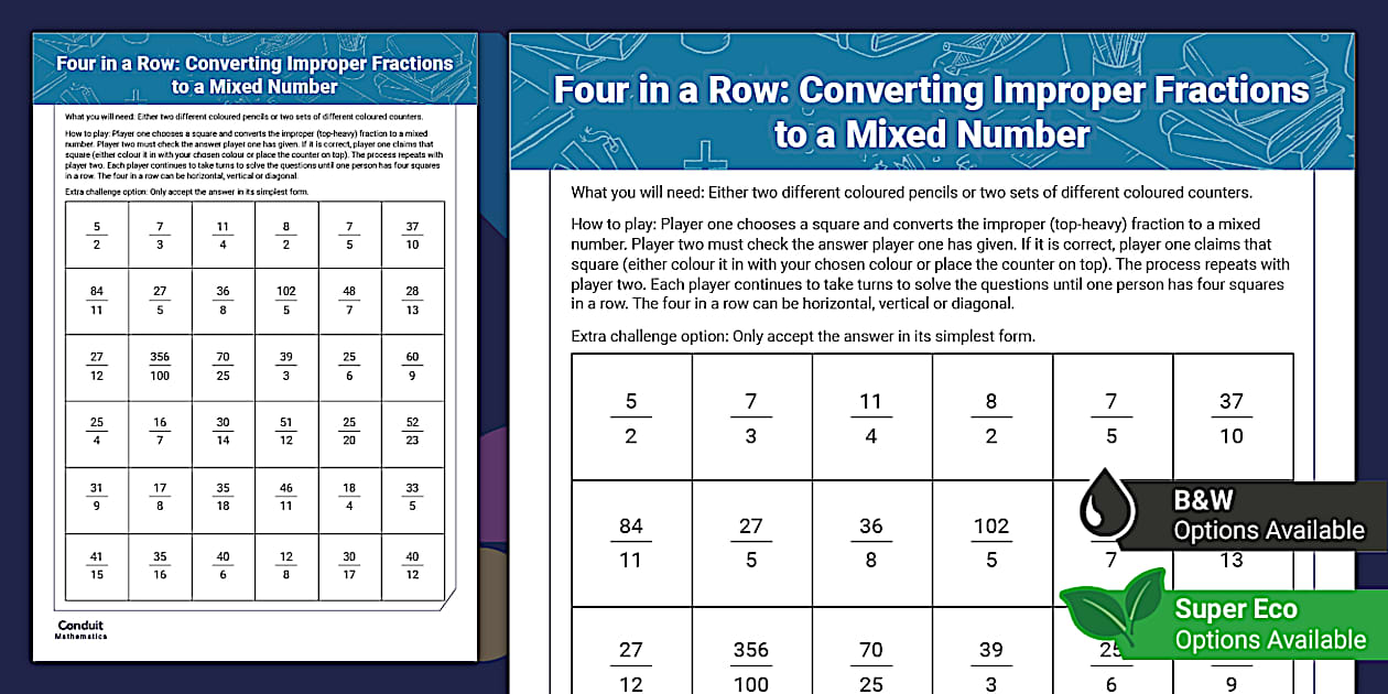 Four in a Row: Converting Improper Fractions - Twinkl