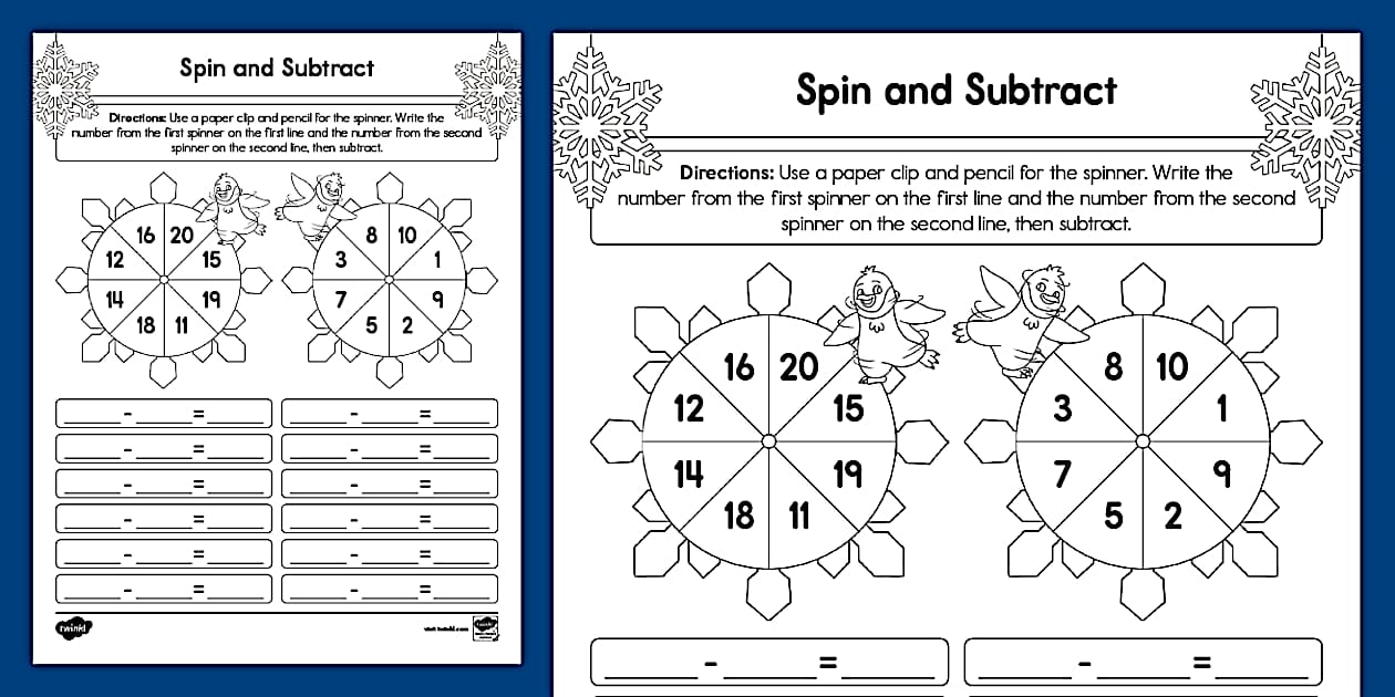 First Grade Snowflake Spin and Subtract Within 20 Worksheet