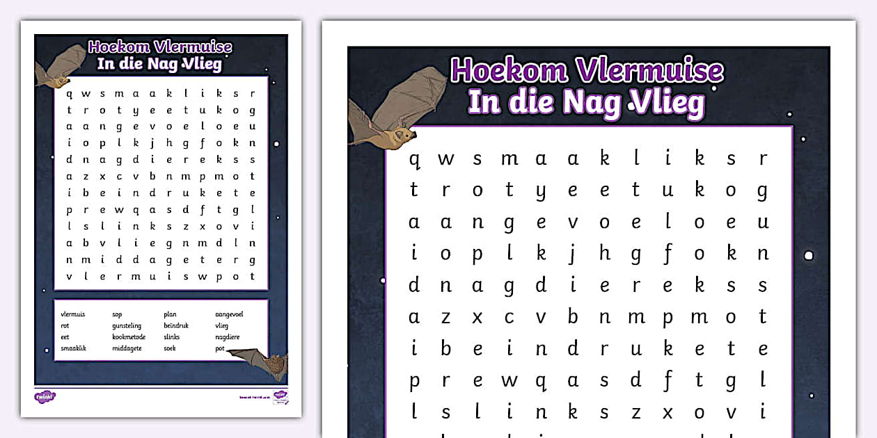 Afrikaanse Volksverhale: Hoekom Vlermuise Snags Vlieg Woordsoek