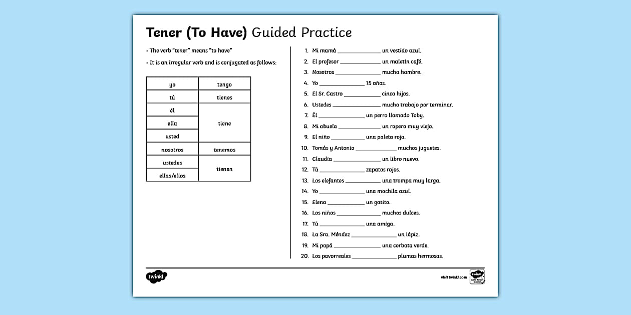 Spanish Verb Tener Worksheet | Resource | Twinkl USA