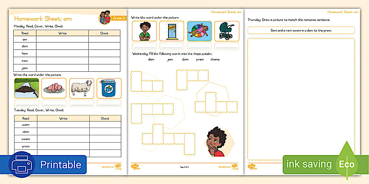 Grade 2 Phonics: -am Homework Sheet - Revision - Twinkl