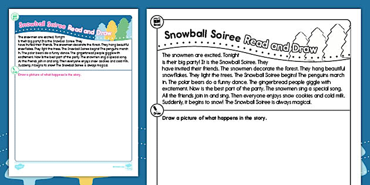 Kindergarten Snowball Soirée Read and Draw Worksheet | Twinkl