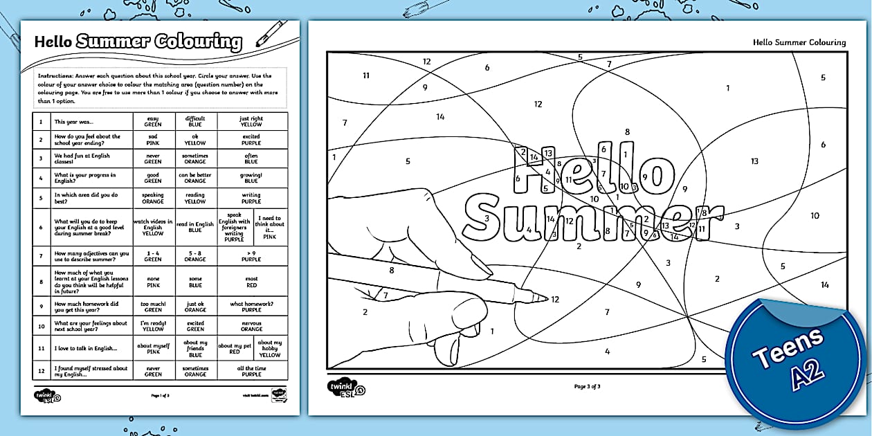 ESL Hello Summer Reflection Colouring [Teens, A2] - Twinkl