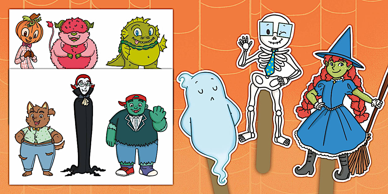 Halloween Monsters Stick Puppets (teacher made) - Twinkl