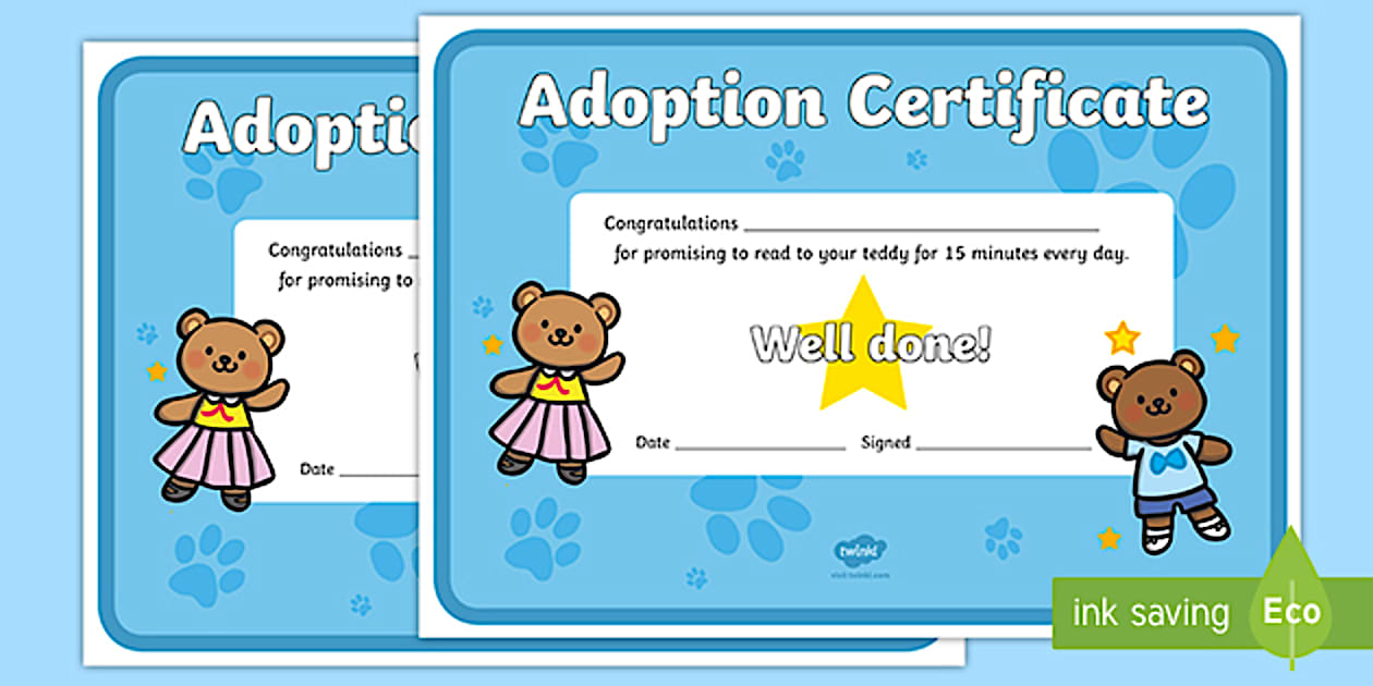 Adopt a Reading Teddy Certificate - Twinkl