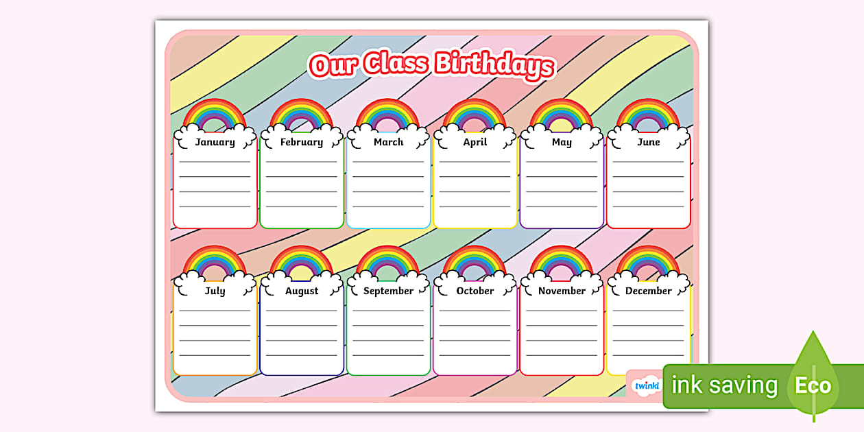 Rainbow-Themed Class Birthdays Chart - Twinkl