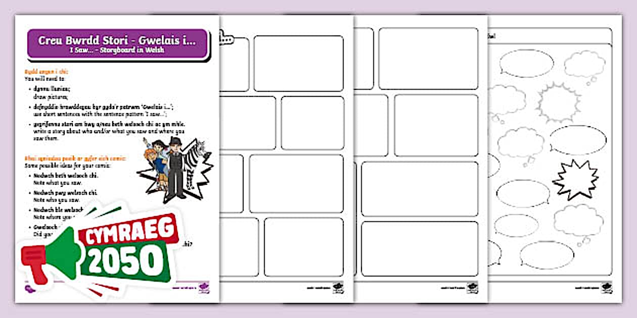 Learn Welsh: Templed Comic Gwelais i / I Saw Comic Template