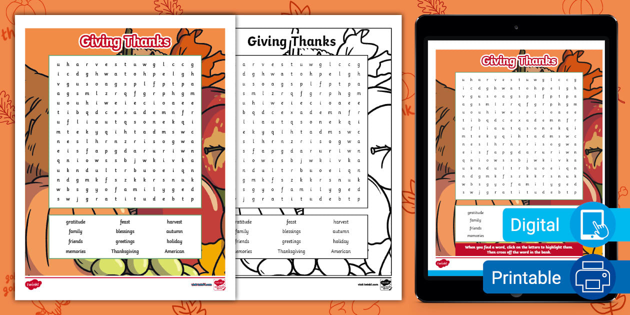 Giving Thanks Word Search for 3rd-5th Grade