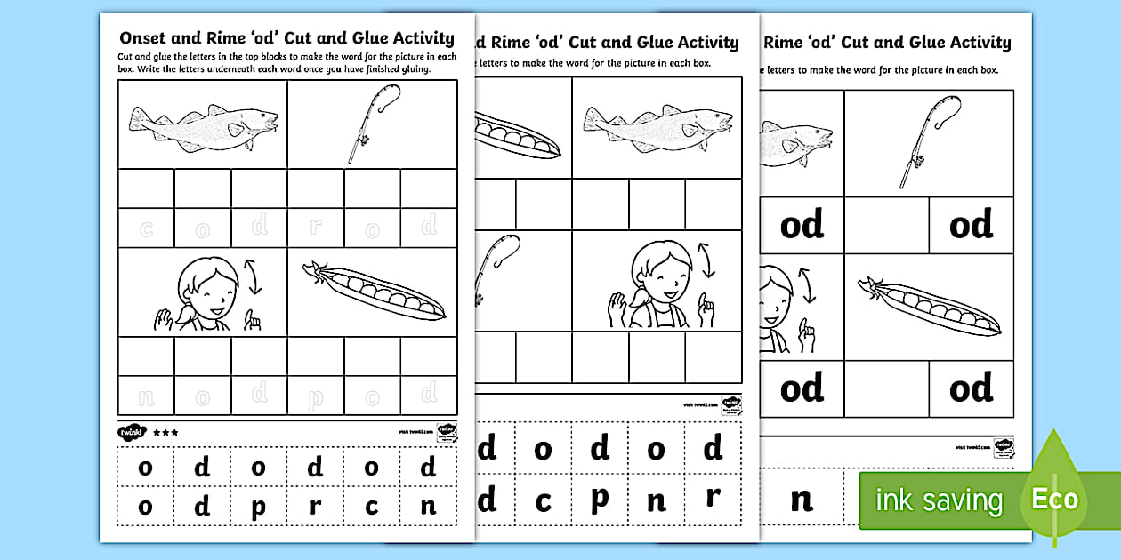 Editable Onset and Rime ‘od’ Cut and Glue Differentiated Worksheets