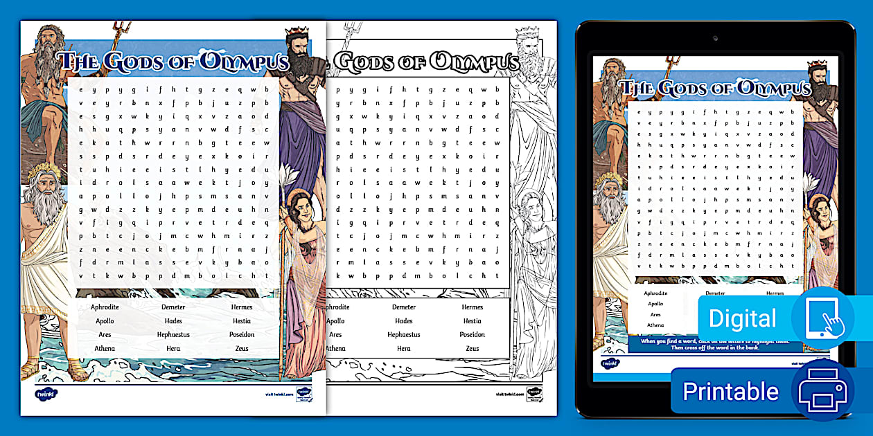 The Gods of Olympus Word Search for 6th-8th Grade - Twinkl