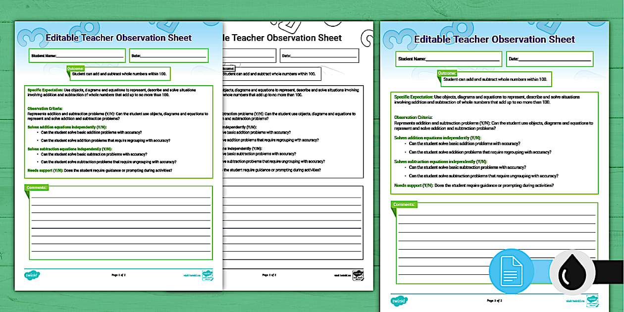Grade 2 Editable Teacher Observation Sheet for Addition and Subtraction
