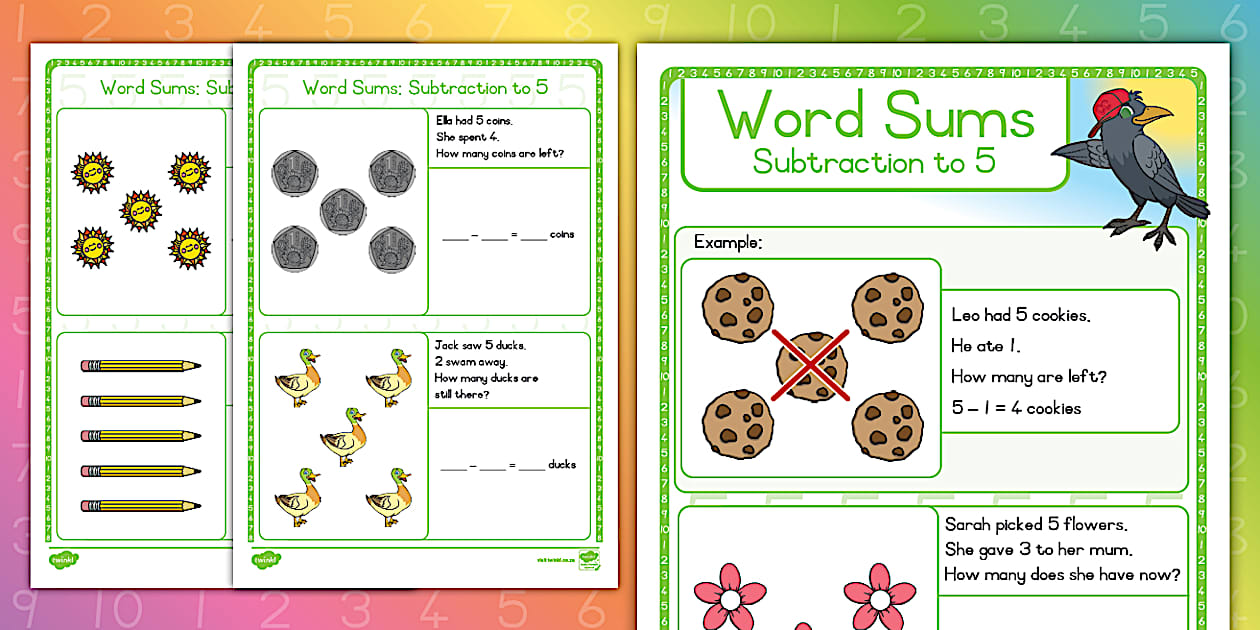 Grade R Word Sums - Subtraction to 5 (teacher made)