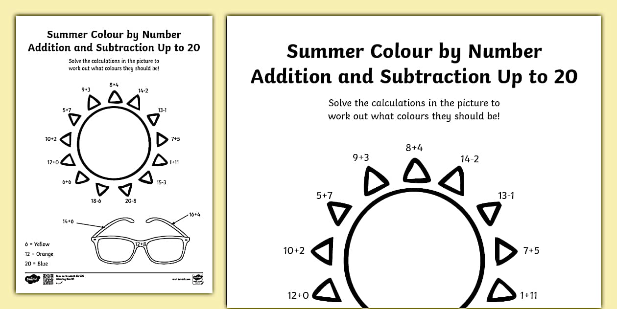 Summer Colour by Numbers Addition and Subtraction Up to 20