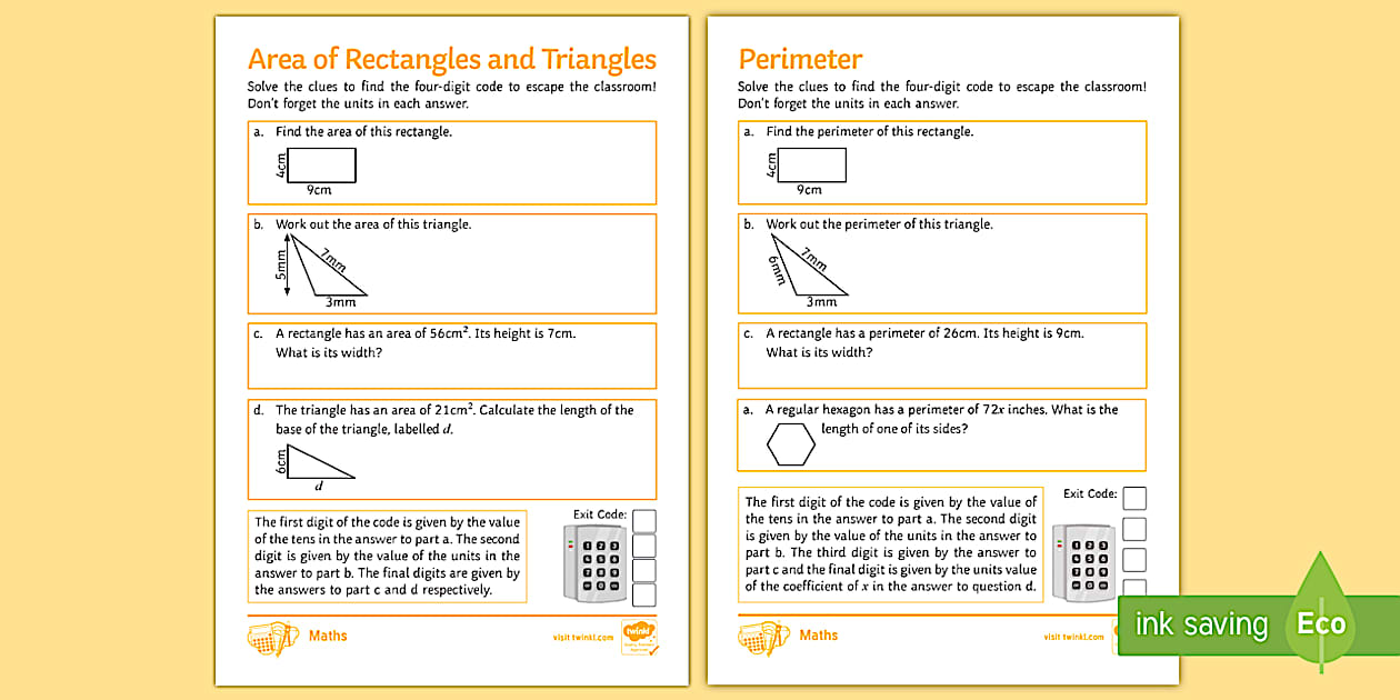 Escape the Room: Area and Perimeter Challenge Cards - Twinkl