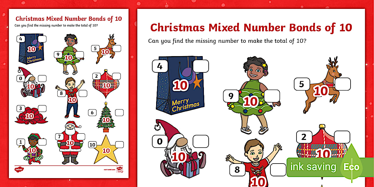 Editable Christmas Themed Mixed Number Bonds of 10 Activity Sheet