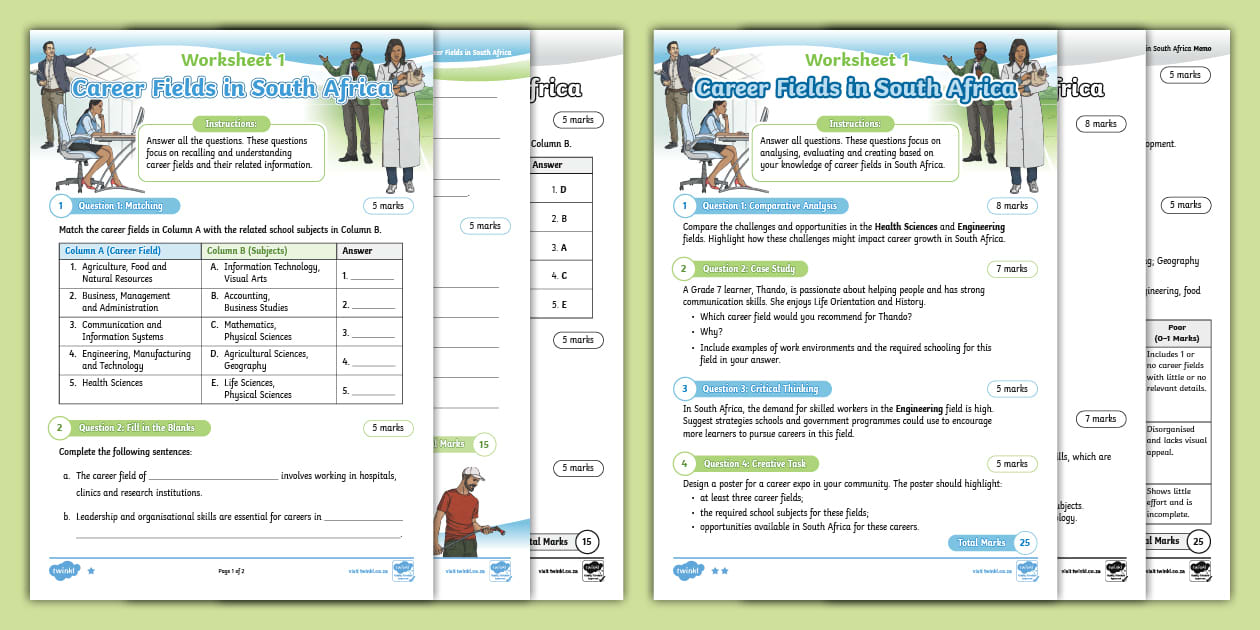 Career Fields in South Africa Worksheets Grade 7
