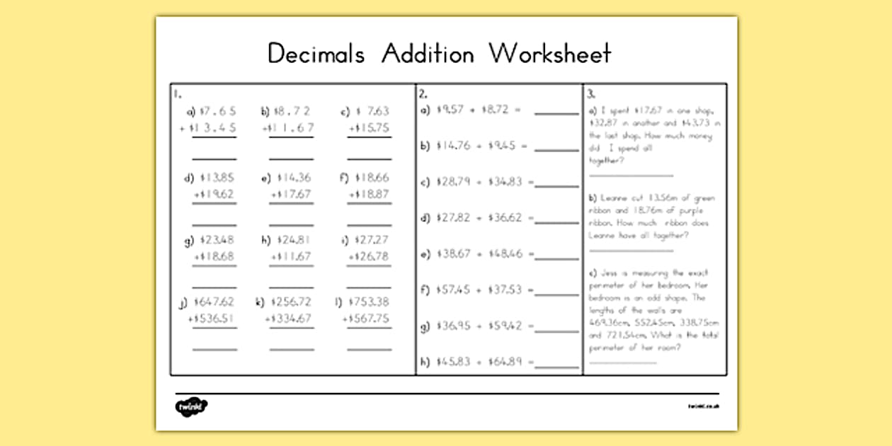 Decimals Addition Worksheet (teacher made) - Twinkl