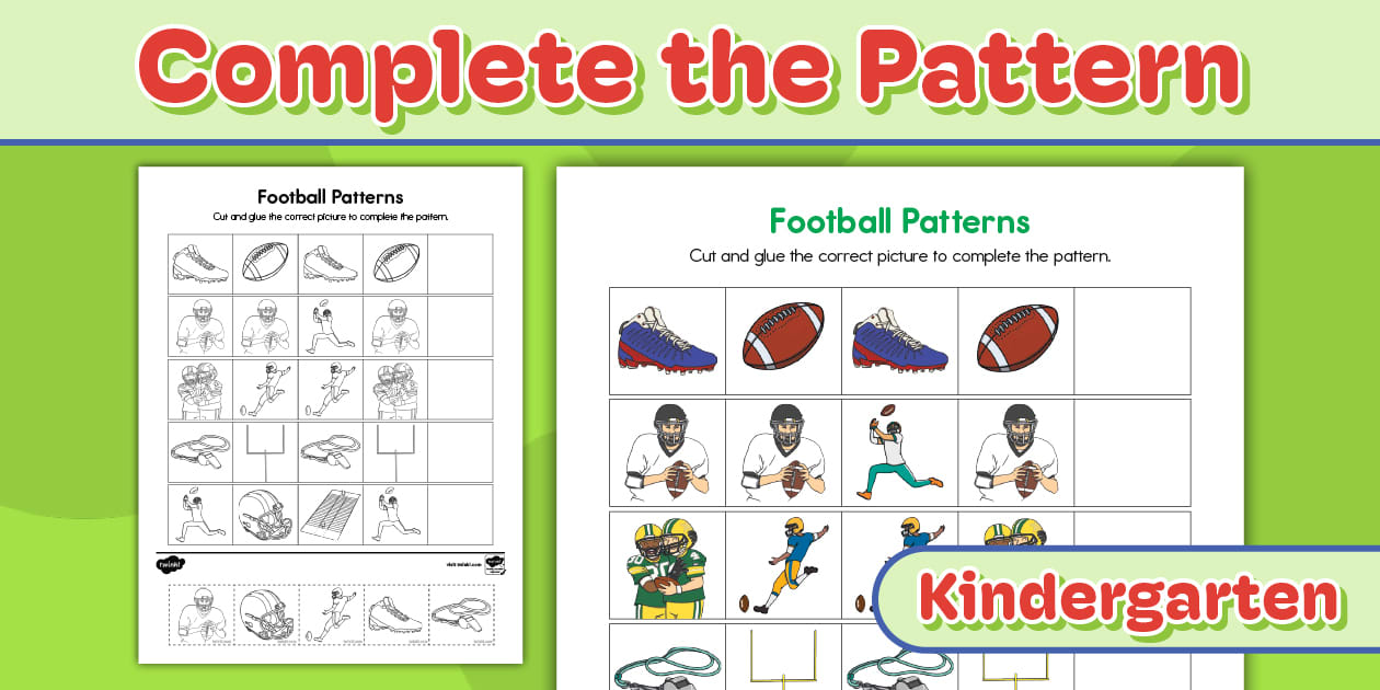 Football Complete the Pattern Cut and Paste Worksheet for K-2nd Grade