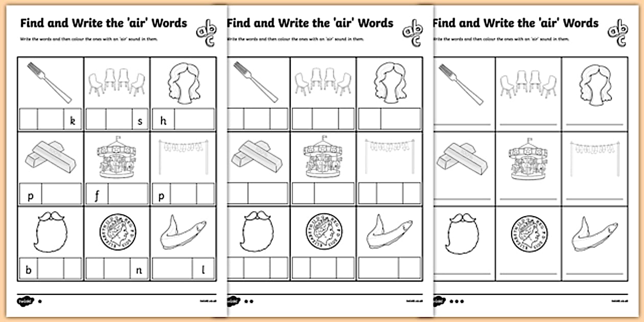 Air Words Differentiated Worksheet | Phonemes | F-2 - Twinkl