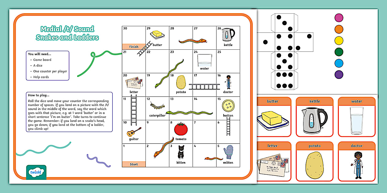 Medial /t/ Sound Snakes and Ladders (teacher made) - Twinkl
