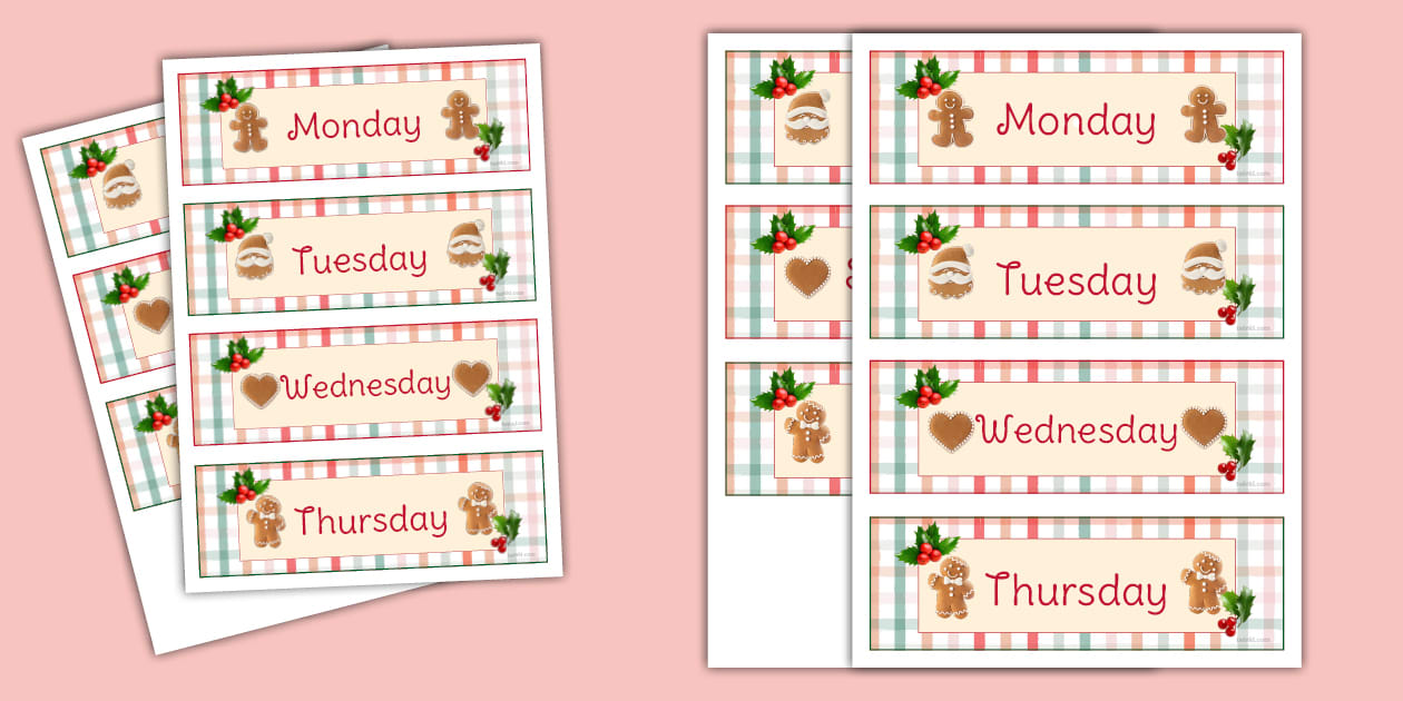 Gingerbread Christmas Themed Days of the Week Cards