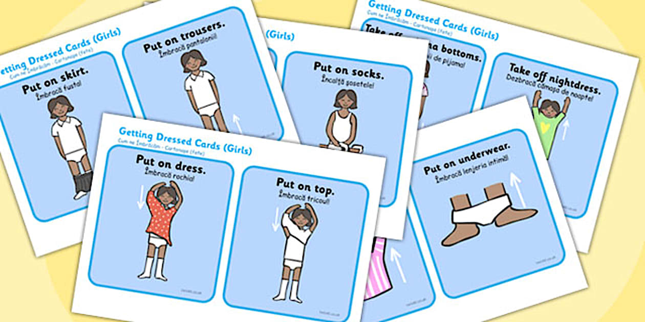 Getting Dressed Cards Girls Romanian Translation - romanian