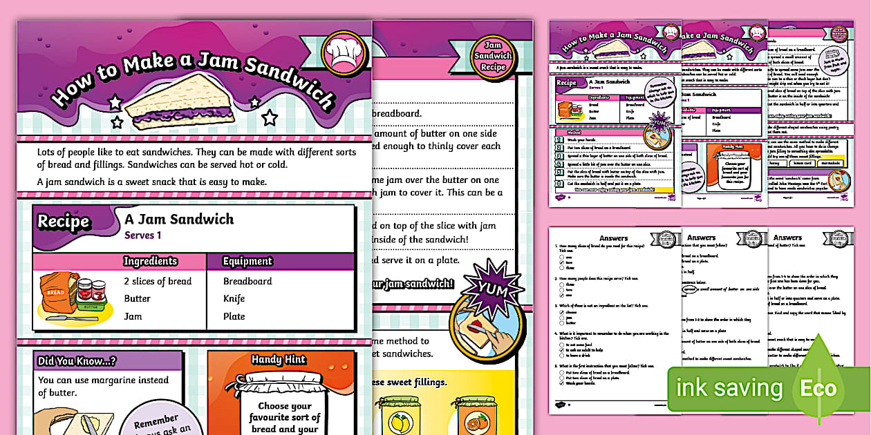 KS1 Jam Sandwick Recipe | Reading Comprehension - Twinkl